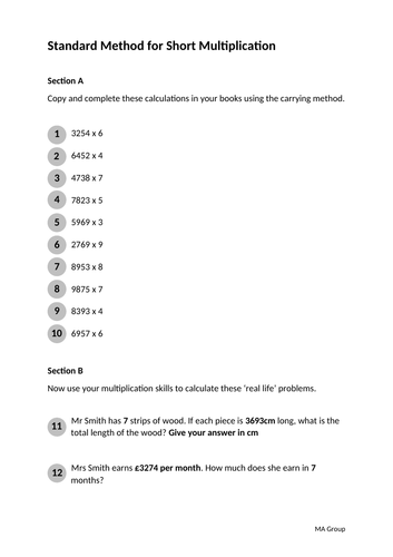Year 5 / 6 Standard Method for Short Multiplication Worksheet ...