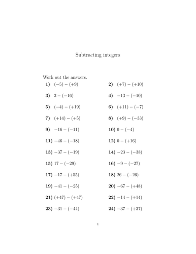 Subtracting integers worksheet no 3 (with solutions) | Teaching Resources