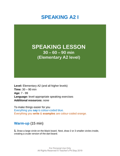 ESL Lesson - SPEAKING A2 | Teaching Resources
