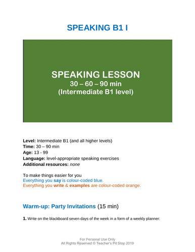 ESL Lesson - SPEAKING B1 | Teaching Resources