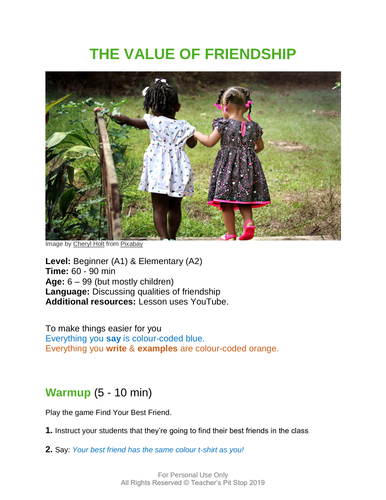 ESL Lesson - THE VALUE OF FRIENDSHIP | Teaching Resources