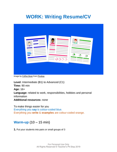 ESL Lesson - WORK: Writing Resume/CV | Teaching Resources