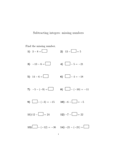 Subtracting integers: missing numbers worksheet (with solutions ...