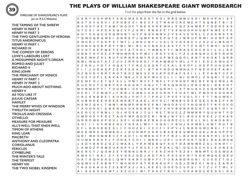 38 SHAKESPEARE WORDSEARCHES - 1 for each PLAY (+ short character ...