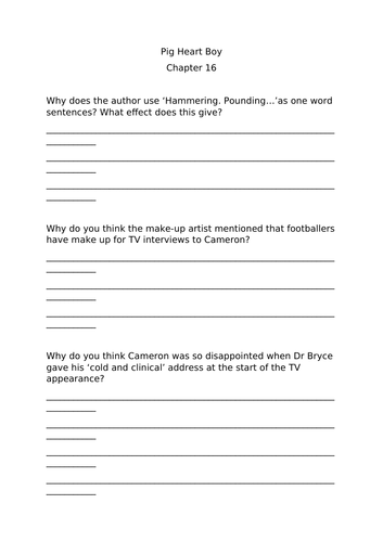 Pig Heart Boy Comprehensions | Teaching Resources