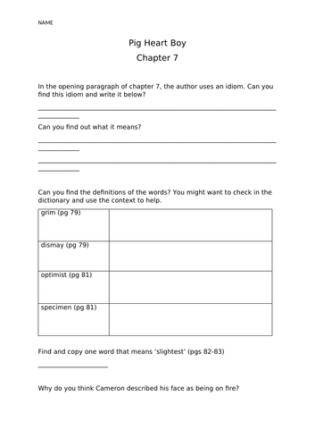 Pig Heart Boy Comprehensions | Teaching Resources