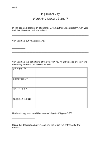 Pig Heart Boy Comprehensions | Teaching Resources