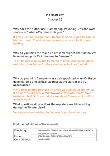 Pig Heart Boy Comprehensions | Teaching Resources