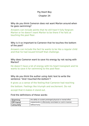 Pig Heart Boy Comprehensions | Teaching Resources