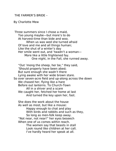 GCSE REVISION SHEET on Charlotte Mew's poem The Farmer's Bride ...