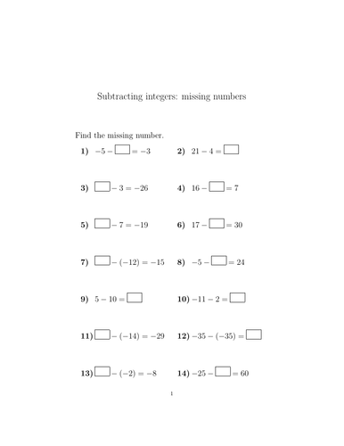 Subtracting integers: missing numbers worksheet no 2 (with solutions ...