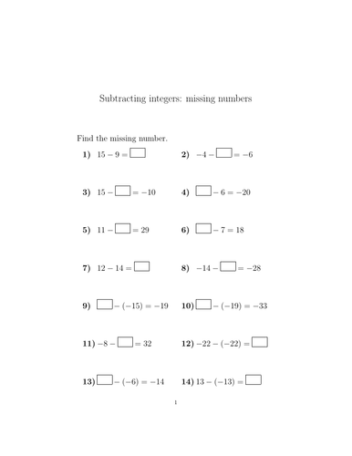 Subtracting integers: missing numbers worksheet no 3 (with solutions ...