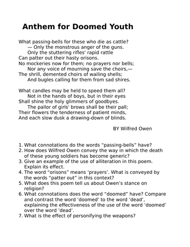 GCSE ANTHEM FOR DOOMED YOUTH WILFRED OWEN ASSESSMENT SHEET | Teaching ...