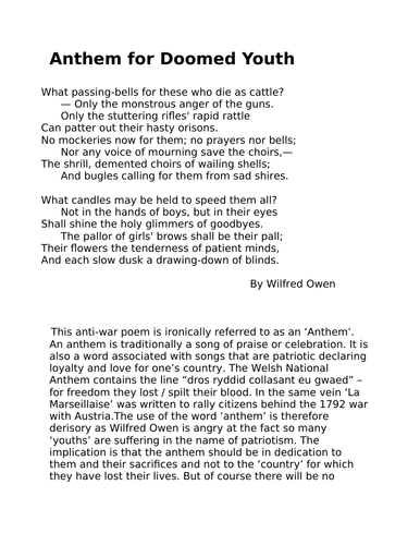 Synopsis and Question sheet on Anthem for Doomed Youth by Wilfred Owen ...