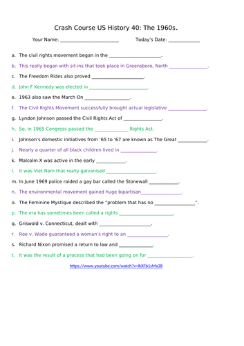 US History 1920 - 1973 Video Questions x 5 | Teaching Resources