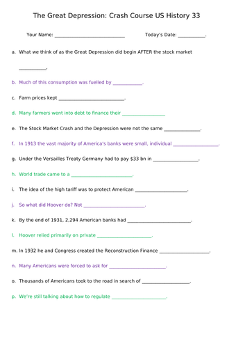 US History 1920 - 1973 Video Questions x 5 | Teaching Resources