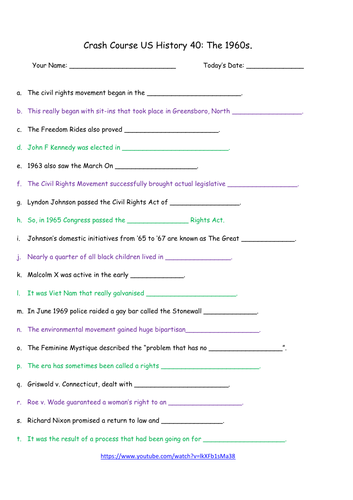 US History 1920 - 1973 Video Questions x 5 | Teaching Resources