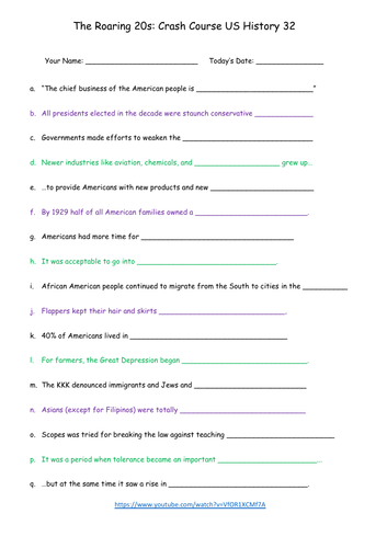 US History 1920 - 1973 Video Questions x 5 | Teaching Resources