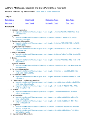 UPDATED All Pure, Mechanics, Statistics and Core Pure Kahoot mini tests ...