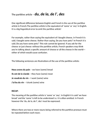 gcse THE PARTITIVE ARTICLE IN FRENCH 'du, de la, de l', des' GRAMMAR ...