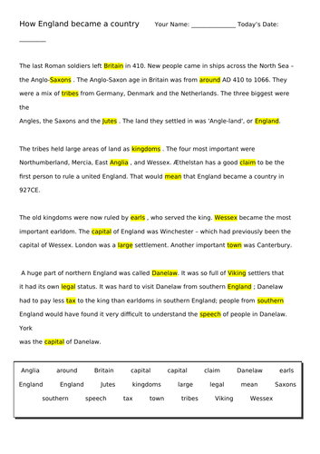 Anglo-Saxon Unification of England Cloze | Teaching Resources