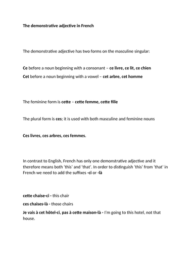 GCSE FRENCH GRAMMAR the demonstrative adjective ' ce, cet, cette, ces ...