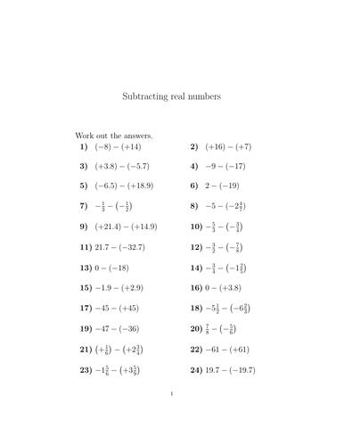 Subtracting real numbers worksheet (with solutions) | Teaching Resources