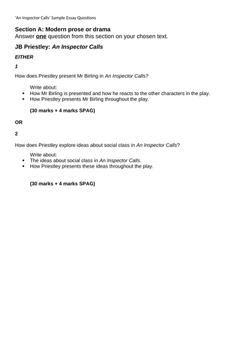 An Inspector Calls - J.B. Priestly exam questions | Teaching Resources