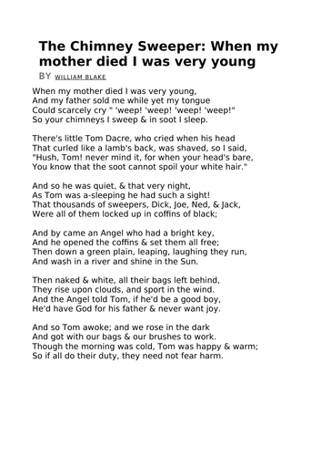 Childhood poetry - Chimney Sweep | Teaching Resources
