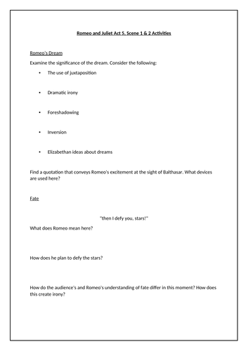 Romeo and Juliet 5.1 and 5.2 Activities | Teaching Resources