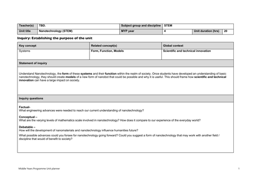 IB MYP STEM unit planner Nanotechnology | Teaching Resources