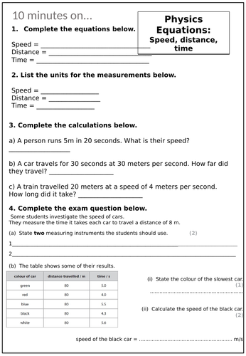 GCSE Recall Worksheet - Speed, distance, time Equation | Teaching Resources