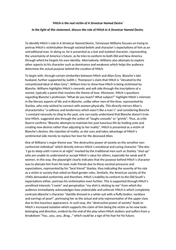A Streetcar Named Desire Essay on Mitch | Teaching Resources
