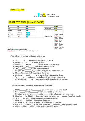 THE PERFECT TENSE IN SPANISH INCLUDING ACABO DE (WORKSHEET AN SOLUTIONS ...