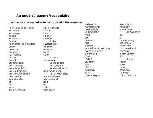 French food worksheet (meals - breakfast) | Teaching Resources