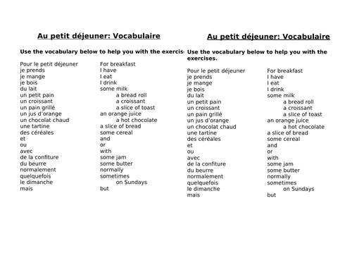 French food worksheet (meals - breakfast) | Teaching Resources