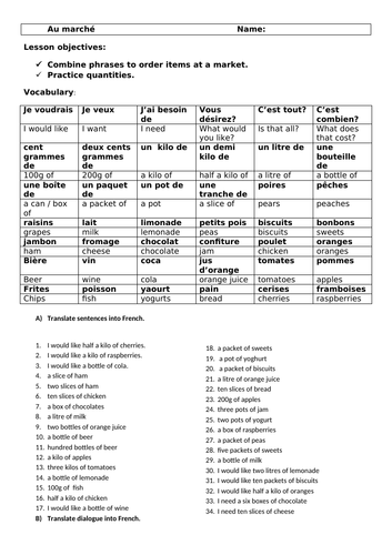 French food shopping and quantities worksheet | Teaching Resources