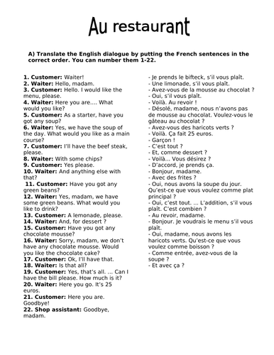 French restaurant food worksheet | Teaching Resources
