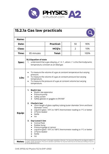A2 Physics 9702 - Practical - 15.2.1a Gas law practicals | Teaching Resources
