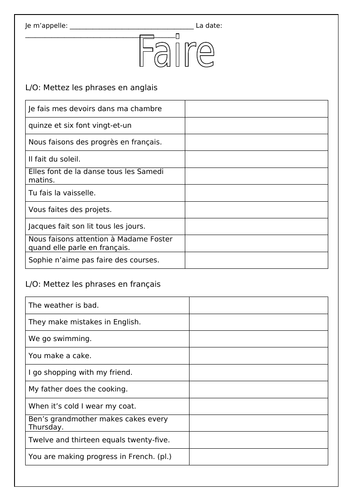 FRENCH - VERBS - FAIRE (introduction) | Teaching Resources