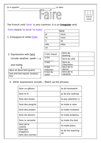 FRENCH - VERBS - FAIRE (introduction) | Teaching Resources