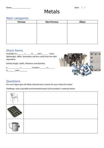 Metals - Worksheets GCSE DT | Teaching Resources