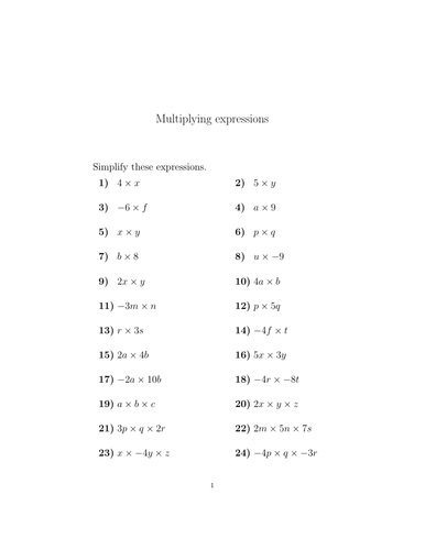 Multiplying expressions worksheet (with solutions) | Teaching Resources
