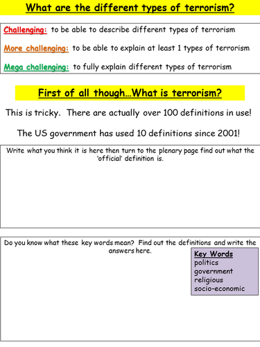 History KS3 Home Learning - Terrorism | Teaching Resources