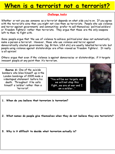 History KS3 Home Learning - Terrorism | Teaching Resources