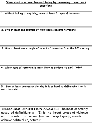 History KS3 Home Learning - Terrorism | Teaching Resources