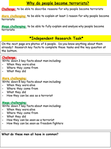 History KS3 Home Learning - Terrorism | Teaching Resources