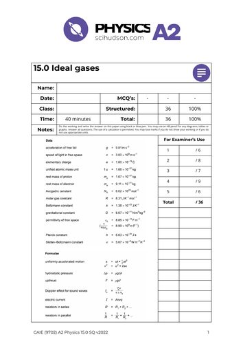 A2 Physics 9702 - SQs - 15. Ideal gases | Teaching Resources