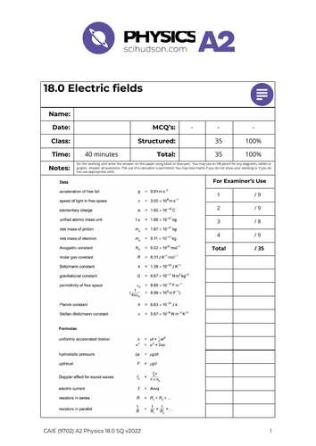 A2 Physics 9702 - SQs - 18. Electric Fields | Teaching Resources