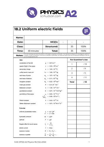 A2 Physics 9702 - SQs - 18. Electric Fields | Teaching Resources